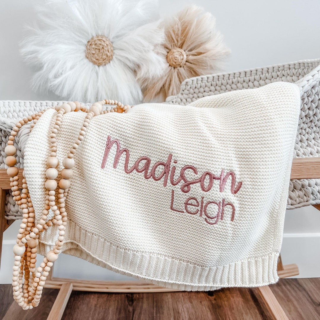Knitted Baby Blanket, Embroidered Baby Name Blanket, Cotton Baby ...