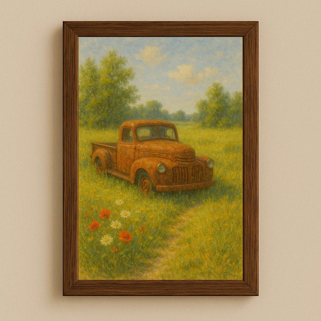Rustic Vintage Truck Wall Art – Old Red Pickup in Wildflower Field Oil ...