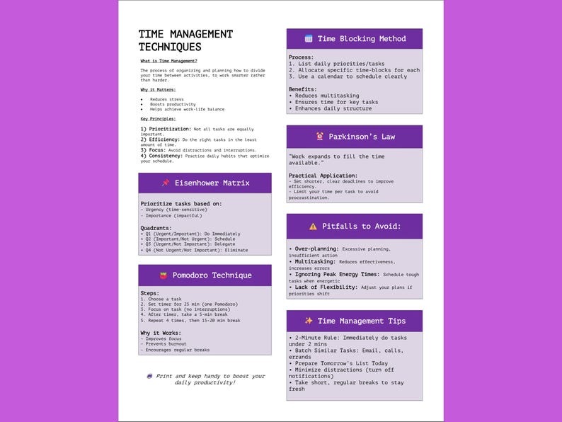 Time Management Cheat Sheet | Pomodoro, Eisenhower Matrix, Time ...