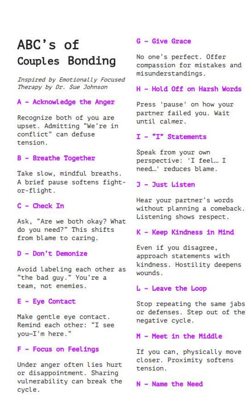 Abc's of Couples Bonding - A Printable Reference Sheet Inspired by EFT ...