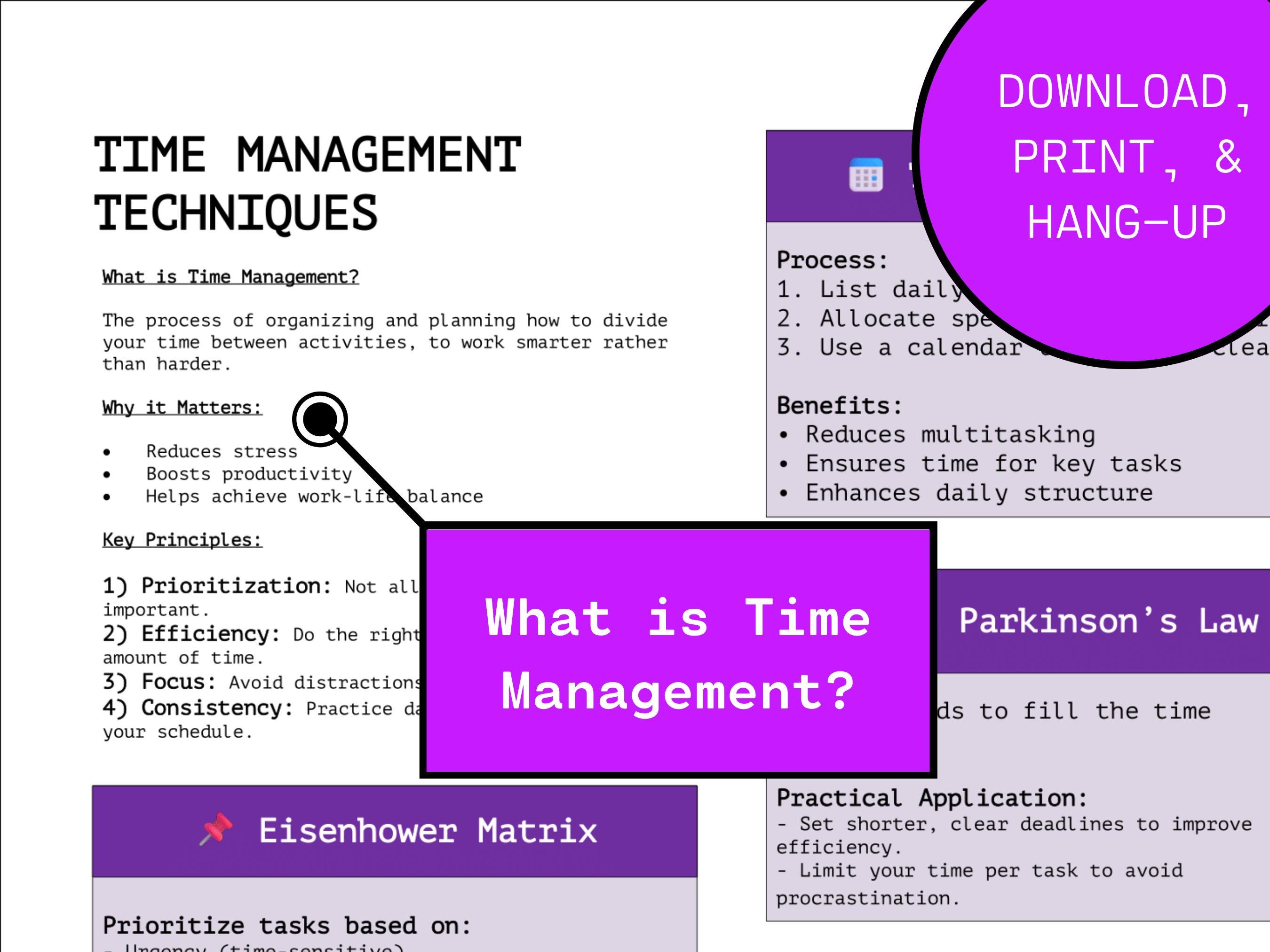Time Management Cheat Sheet | Pomodoro, Eisenhower Matrix, Time ...