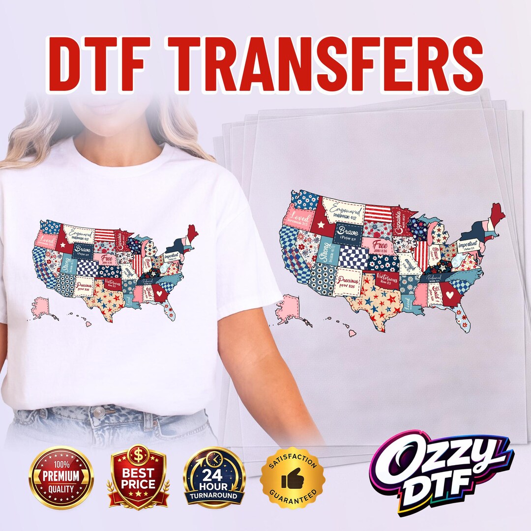 Christian USA Patchwork DTF Transfer, Bible Verse Map Ready to Press ...