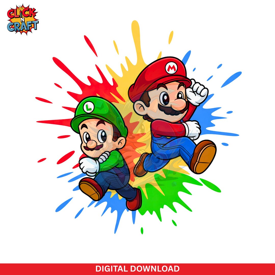Super Bros Adventure PNG | Jumping Plumber Duo Digital Art for T-shirts ...