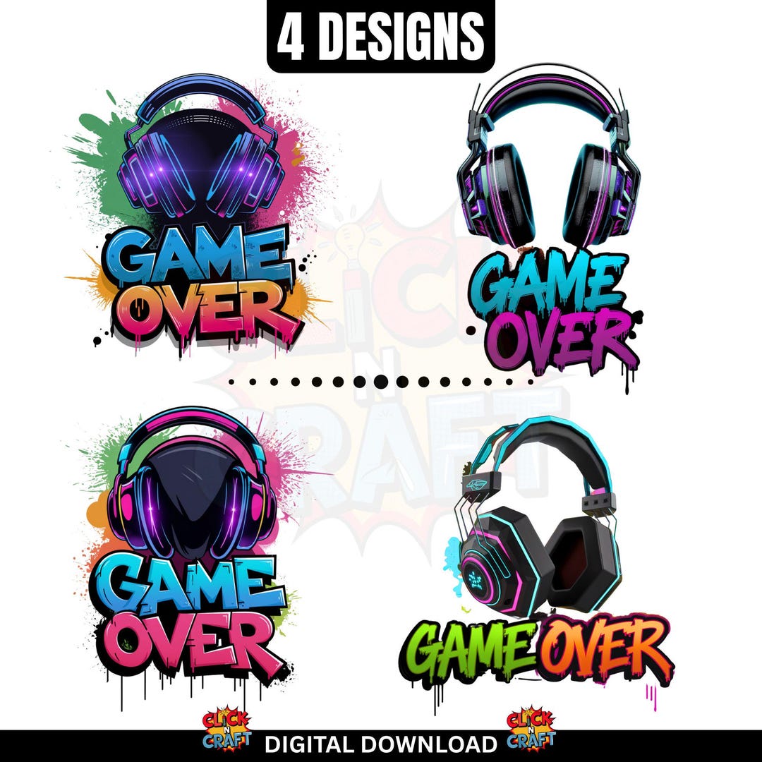 Game Over Headset PNG Bundle | 4 Neon Gamer Clipart Designs | Cool ...