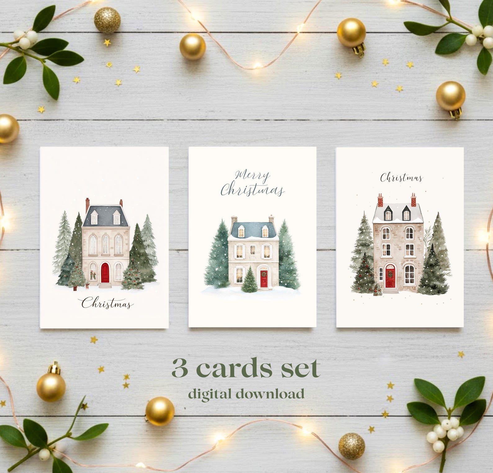 Elegant Winter Houses Christmas Cards, Vintage Holiday Greeting Cards ...