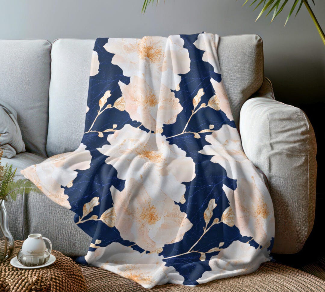 Luxury Gold Ivory Floral Throw Elegant Navy Peony Throw Glam Botanical ...