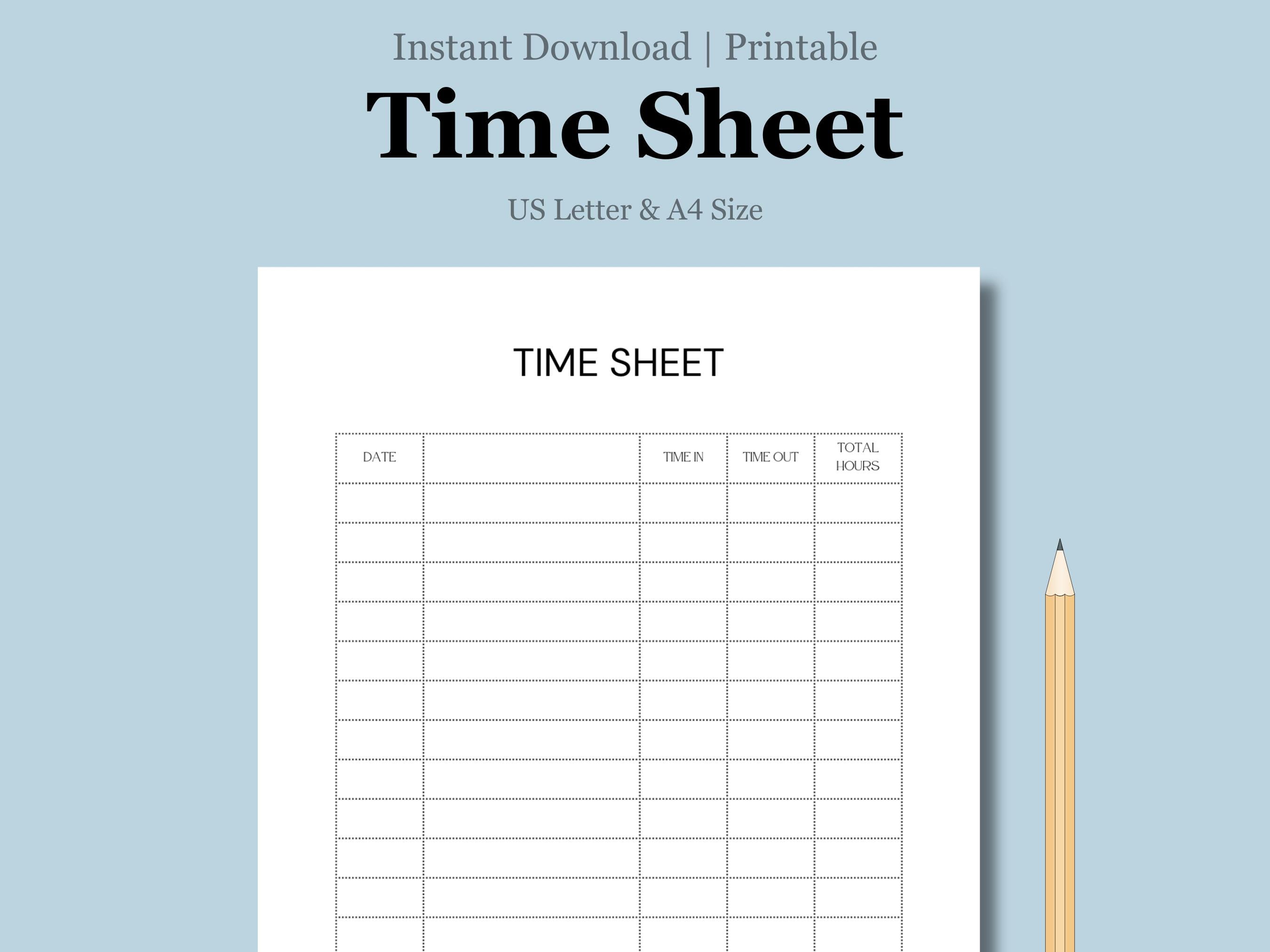 Printable Time Sheet PDF | Employee Time Log | Time in Time Out Sheet ...