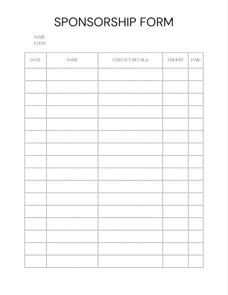 Printable Sponsorship Form: Fundraiser Template (digital Download) - Etsy