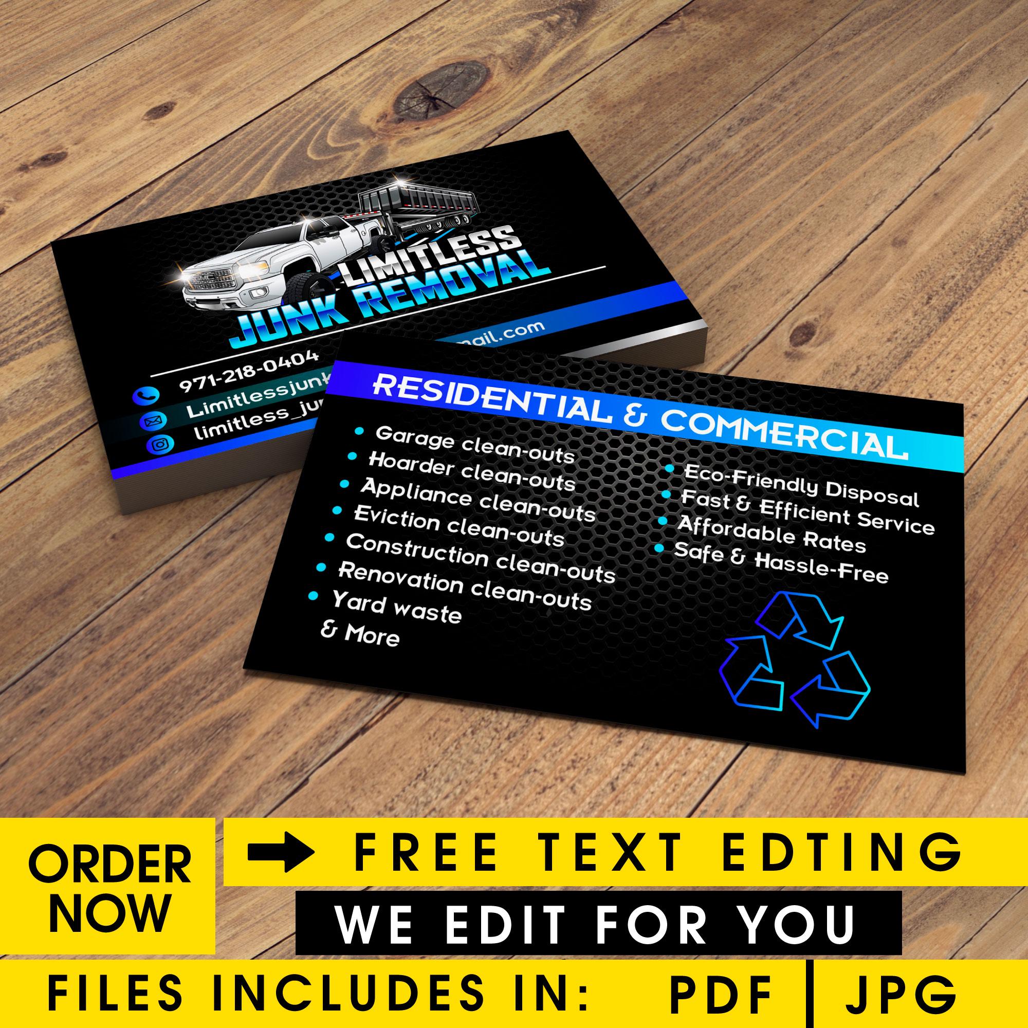 Business Card Design Junk Removal Pull Dump Bumper Dumpster Trailer ...