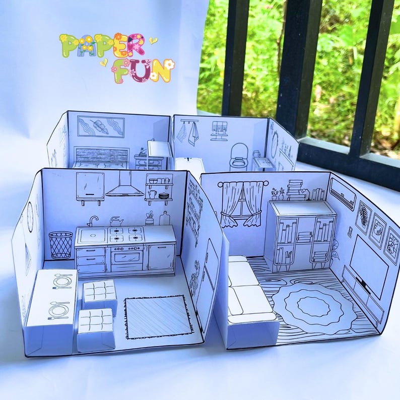 Printable Dollhouse Paper Craft: 4 Rooms & Furniture (PDF Download A4 ...
