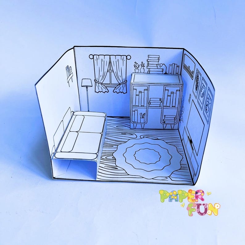 Dollhouse Interior 3D Model Printable Paper Living Room Paper House ...