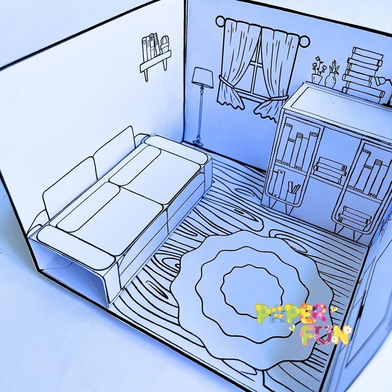 Dollhouse Interior 3D Model Printable Paper Living Room Paper House ...
