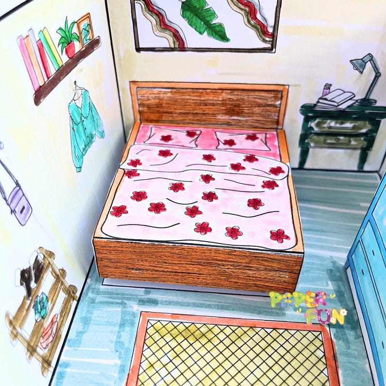 Printable Dollhouse Paper Model: 3D Bedroom Coloring Page (PDF Download ...