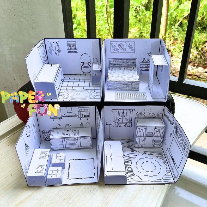 Printable Dollhouse Paper Craft: 4 Rooms & Furniture (PDF Download A4 ...
