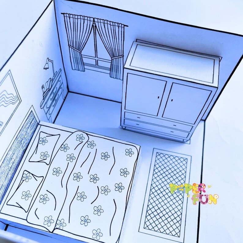 Printable Dollhouse Paper Model: 3D Bedroom Coloring Page (PDF Download ...