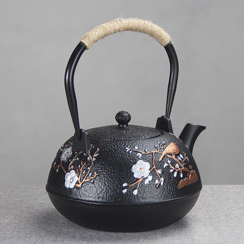 Black Cast Iron Teapot,unique Design Painted Pattern Teapot,kitchen Accessory,tea Brewing Tool ...