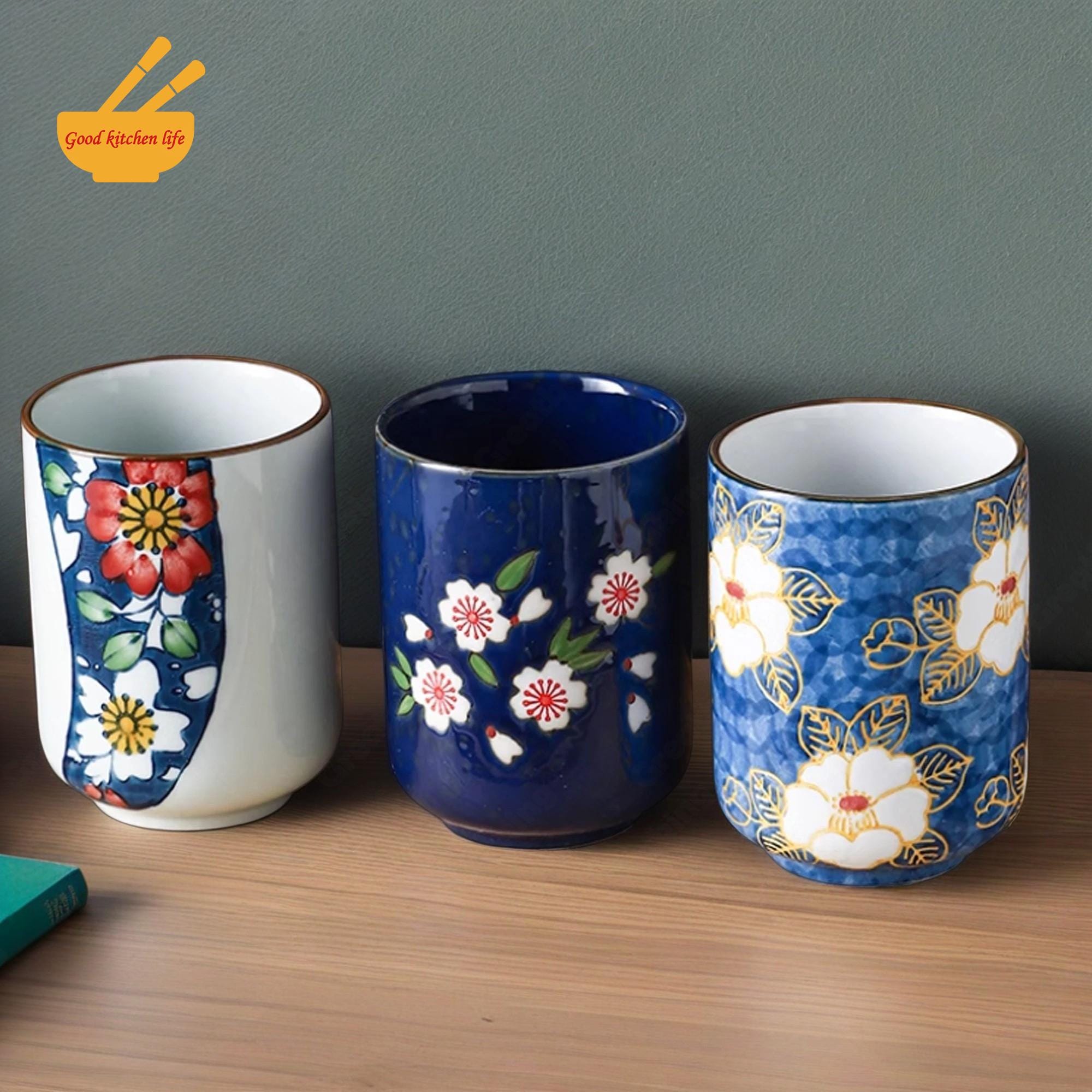 Blue Floral Pattern Handleless Ceramic Mug,hand-drawn Floral Pattern ...