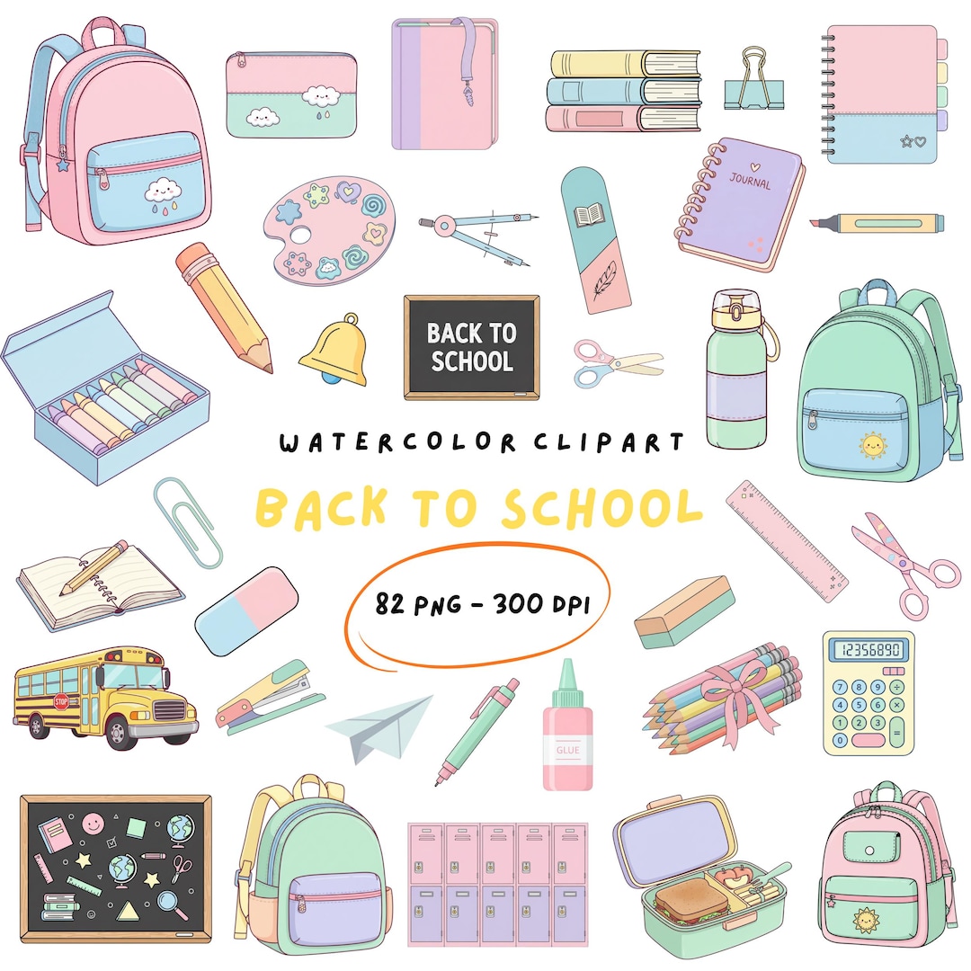 Back to School Clipart , School Supplies Clipart PNG, Cute Backpack Bus ...