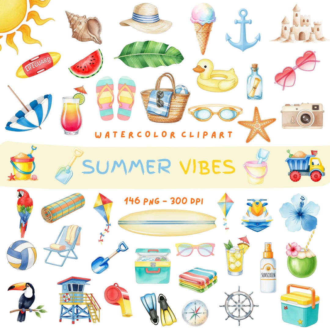 Watercolor Summer Clipart Bundle, Beach Clipart PNG, Tropical Clipart ...