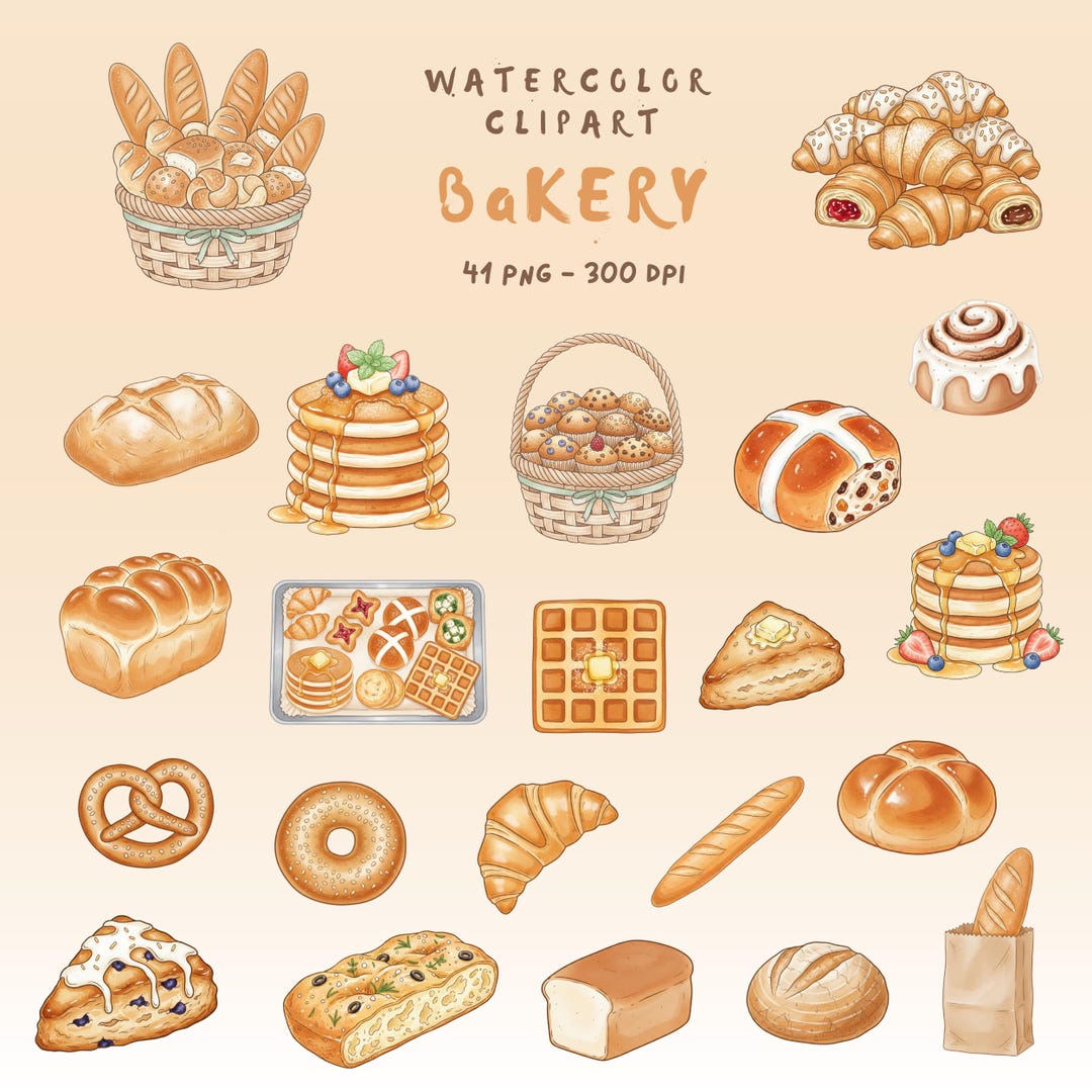 Watercolor Bakery Clipart Bundle – 41 PNG Files, Bread & Pastry ...