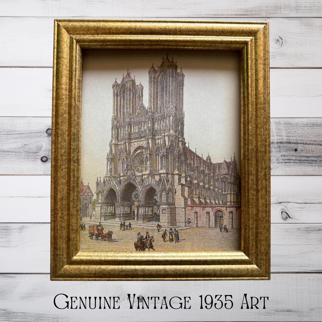 Vintage Reims Cathedral Art: 1935 Gothic Architecture Print in Gold ...
