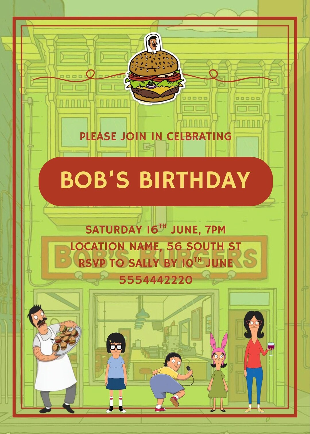 Bob's Burgers Birthday Invite Template (details Editable) - Etsy