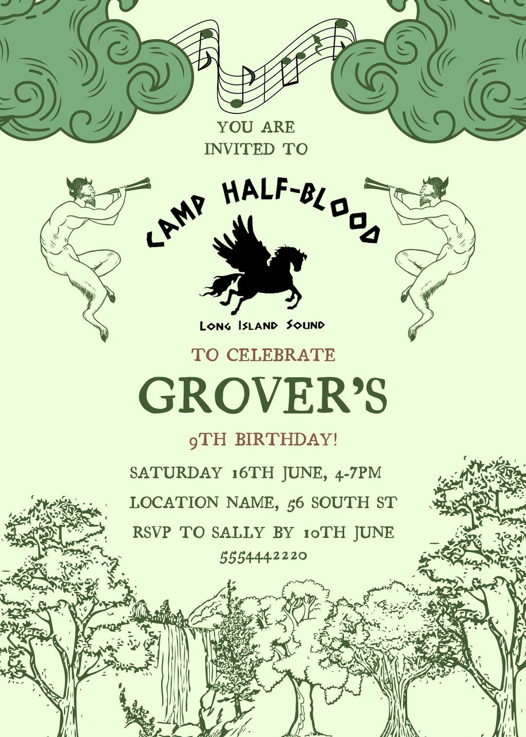 Grover Percy Jackson Camp Half-blood Birthday Invite Template (age ...