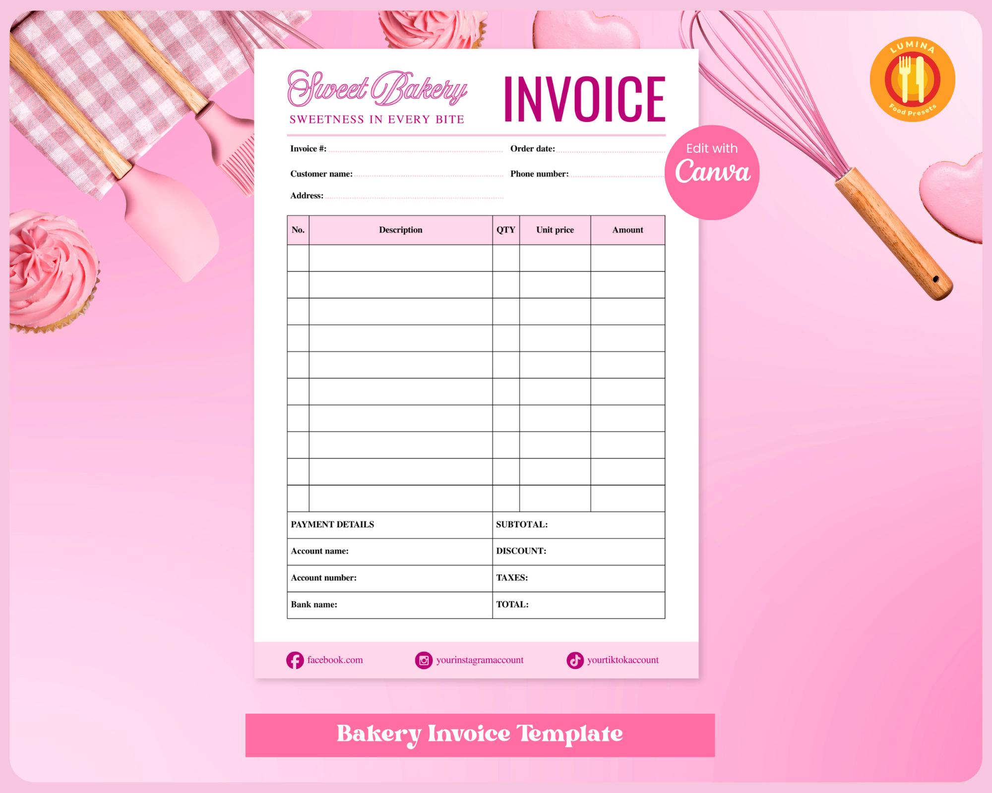Bakery Invoice Template Canva, Pink Cake Order Form, Small Business ...