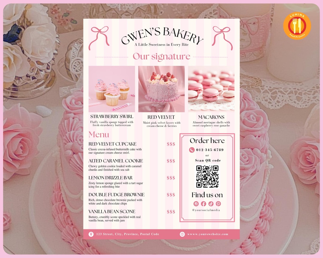 Pink Striped Bakery Menu Template, Cute Cake Price List Flyer, Editable ...