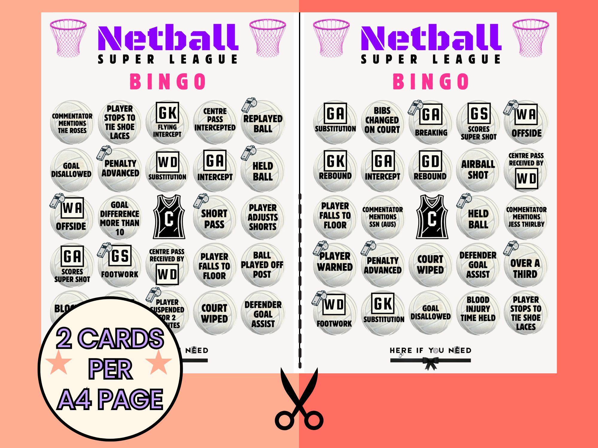 Printable UK Netball Super League Bingo Cards | Netball Bingo Game ...