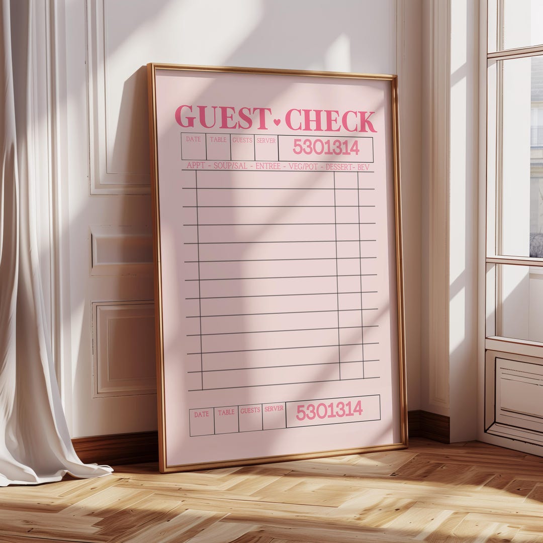 Printable Coquette Guest Check Wall Art Cute Blank Guest Check Decor ...