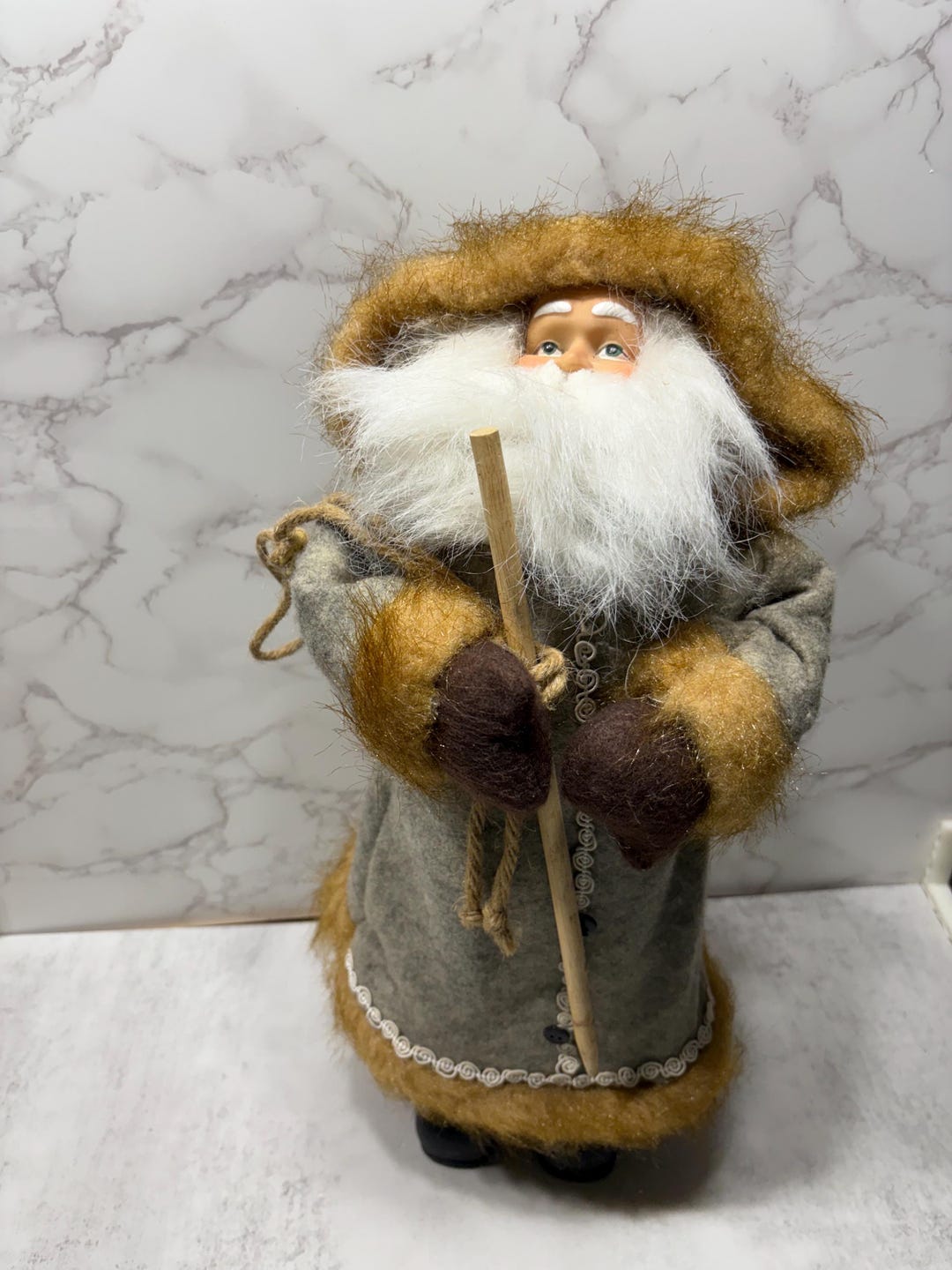 Mountain Man Santa Figurine, Grey Wool Coat, Wooden Stick - Etsy