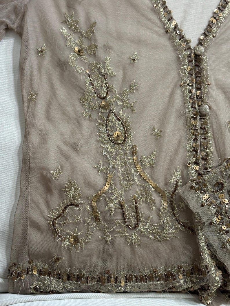 Sheer, Beige-colored Top With Long Sleeves and a V-neck Featuring Beads ...