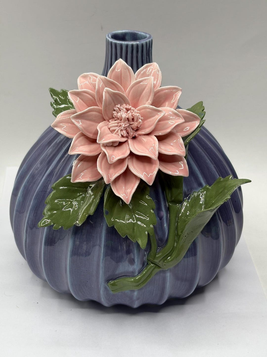 Large Bulbous Purple Porcelain Vase W/ 3D Handmade Attached Porcelain ...