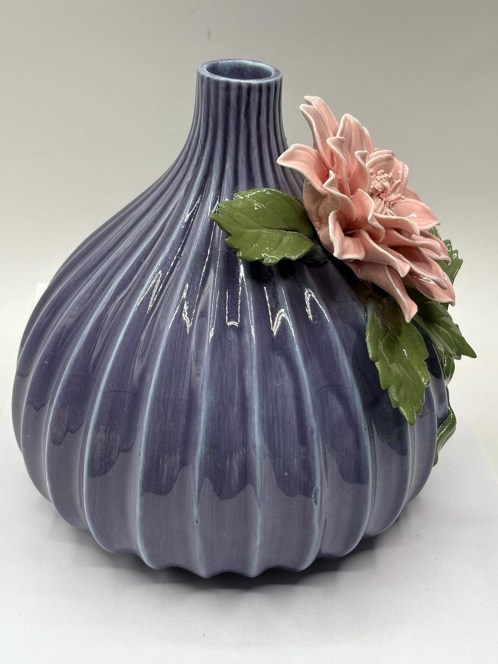 Large Bulbous Purple Porcelain Vase W/ 3D Handmade Attached Porcelain ...