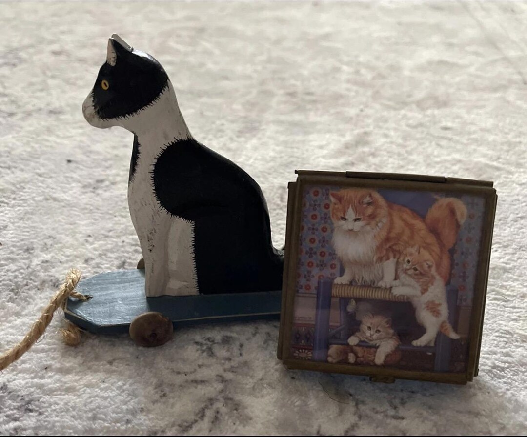 Brass N Glass Cat Trinket Box 2X2” & Cat on Rolling Skateboard Kitten ...
