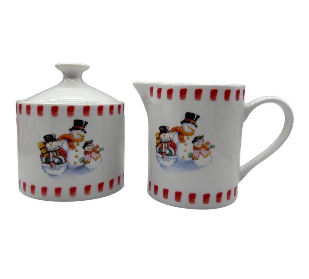 Merry Brite Stoneware Cream and Sugar Set, Christmas Snowman Trio - Etsy