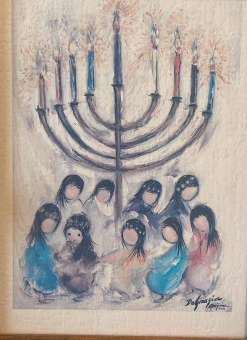 Vintage Children and Menorah Degrazia Framed Art "hanukah," Judaica ...