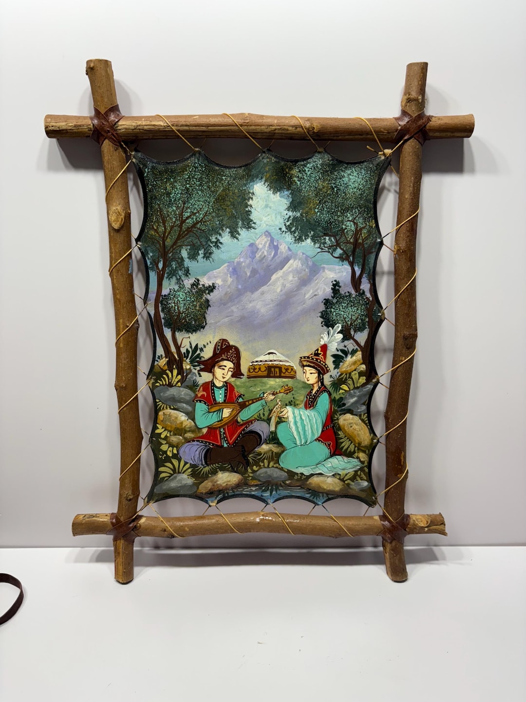 Vintage Persian Painting on Lambskin, Samarkand Scene With Twig Frame ...
