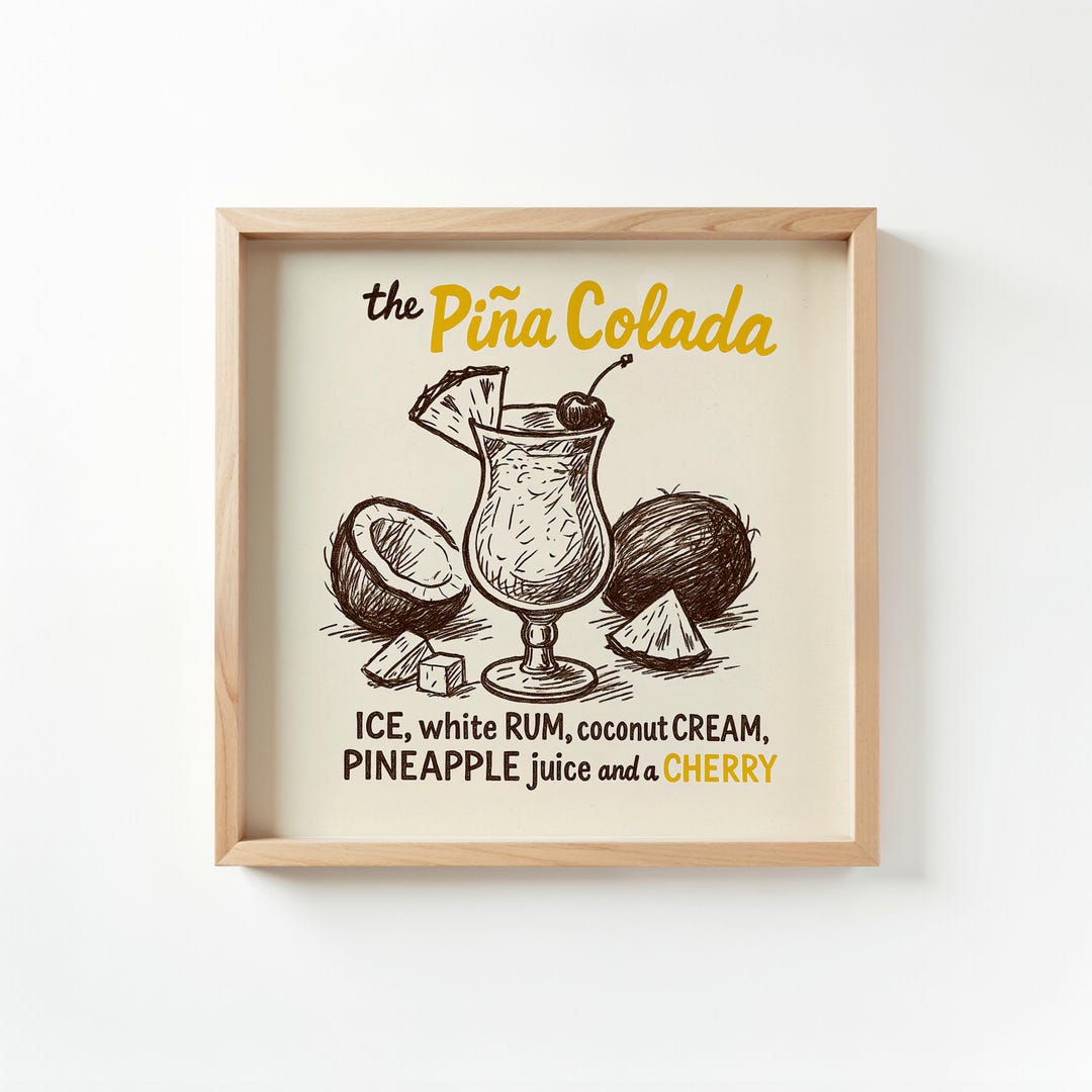 Pina Colada Cocktail Poster, Retro Cocktail Recipe, Bar Cart Decor ...
