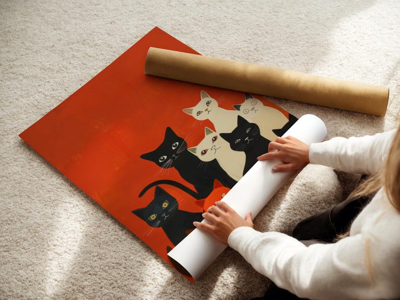 Abstract Cats Poster, Positivity Art, Retro Cat Wall Art, Trendy ...