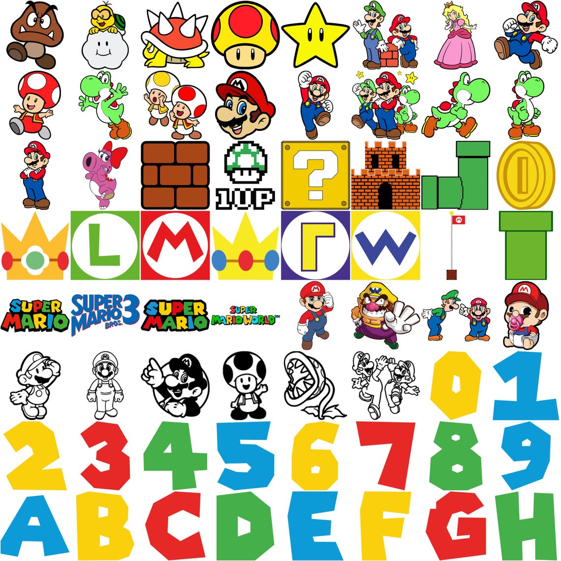 Super Mario SVG Bundle, Super Mario Font Svg, Luigi Svg Files for ...