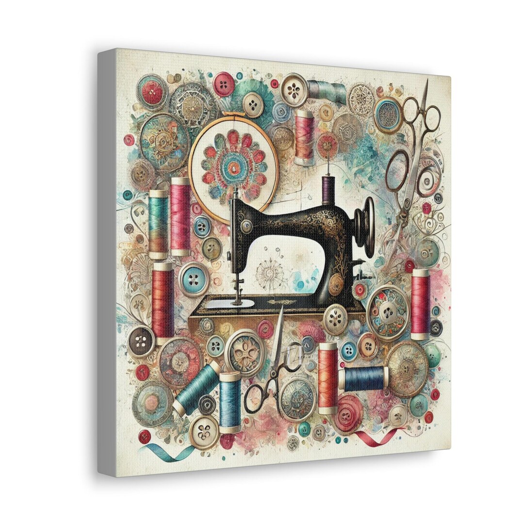 Floral Vintage Sewing Machine Wall Art - 12x12 Canvas Print - Colorful ...