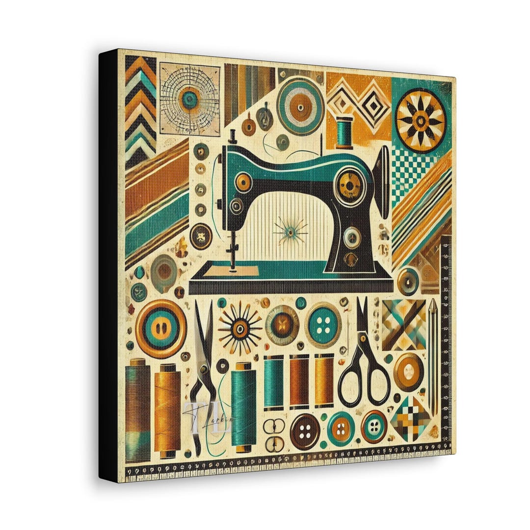 Retro Sewing Machine Wall Art - 12x12 Canvas Print - Mid-century Sewing ...