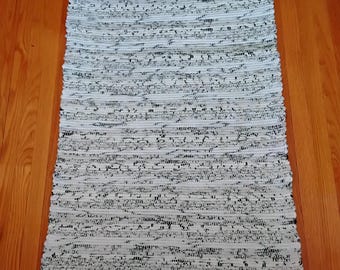 27.5"x40" Rag Rug Handwoven With Black & Natural Cotton Warp, and Beige ...