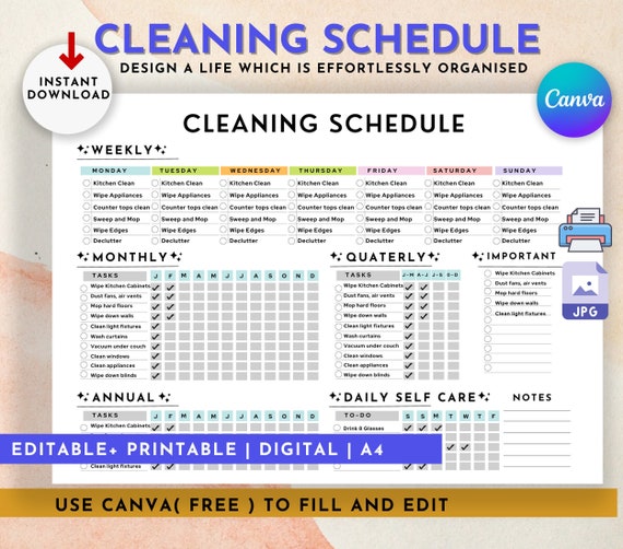 Editable Cleaning Schedule Canva Template Daily Weekly Monthly Yearly ...