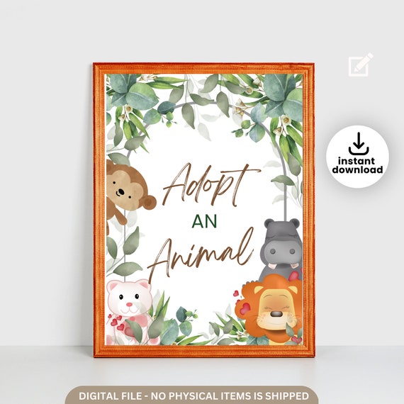 Wild one baby shower Adopt an Animal Table Bar Party Sign Jungle Safari ...