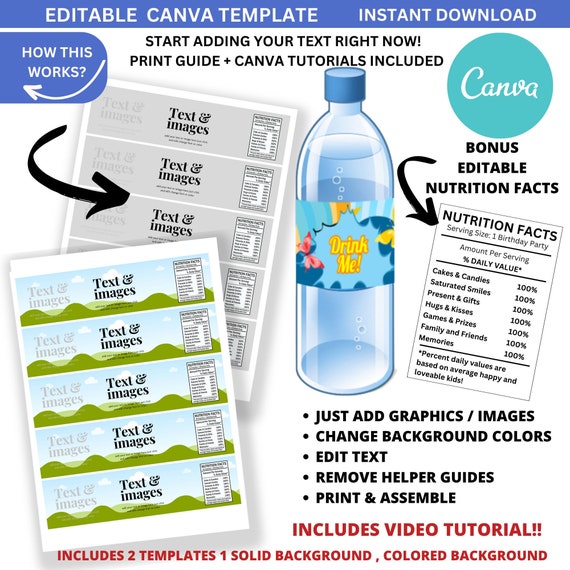 Editable Water Bottle Labels Template Canva Waterbottle Wrapper ...