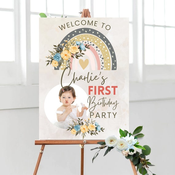 Custom Boho Rainbow Birthday Welcome Sign with Photo Birthday ...