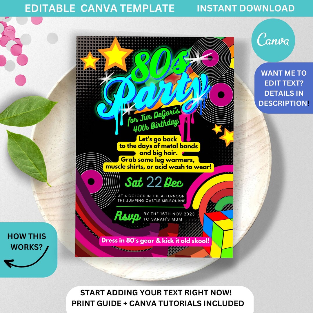 80s Birthday Invitation Canva Template Oneside Editable 80th - Etsy